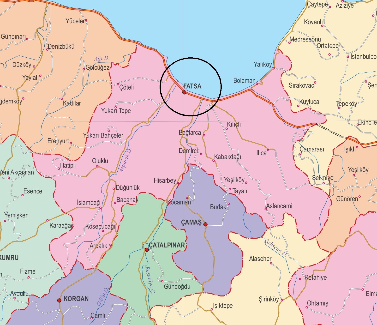 Fatsa, Ordu İlçe Haritası - Mahalle ve Köyler Detaylı Haritası